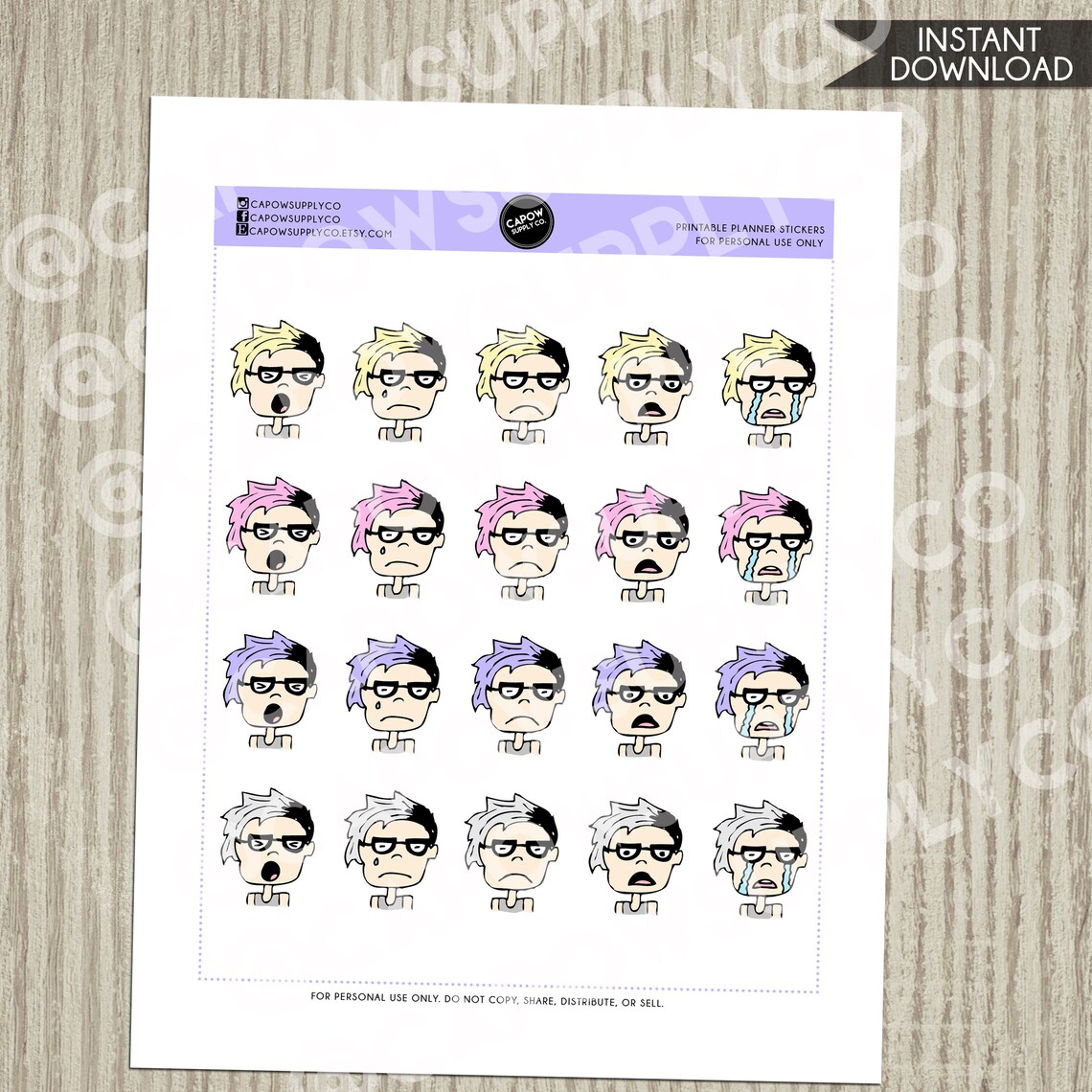 Printable Planner Stickers Decorative Set Upset Angry Sad Crying ...