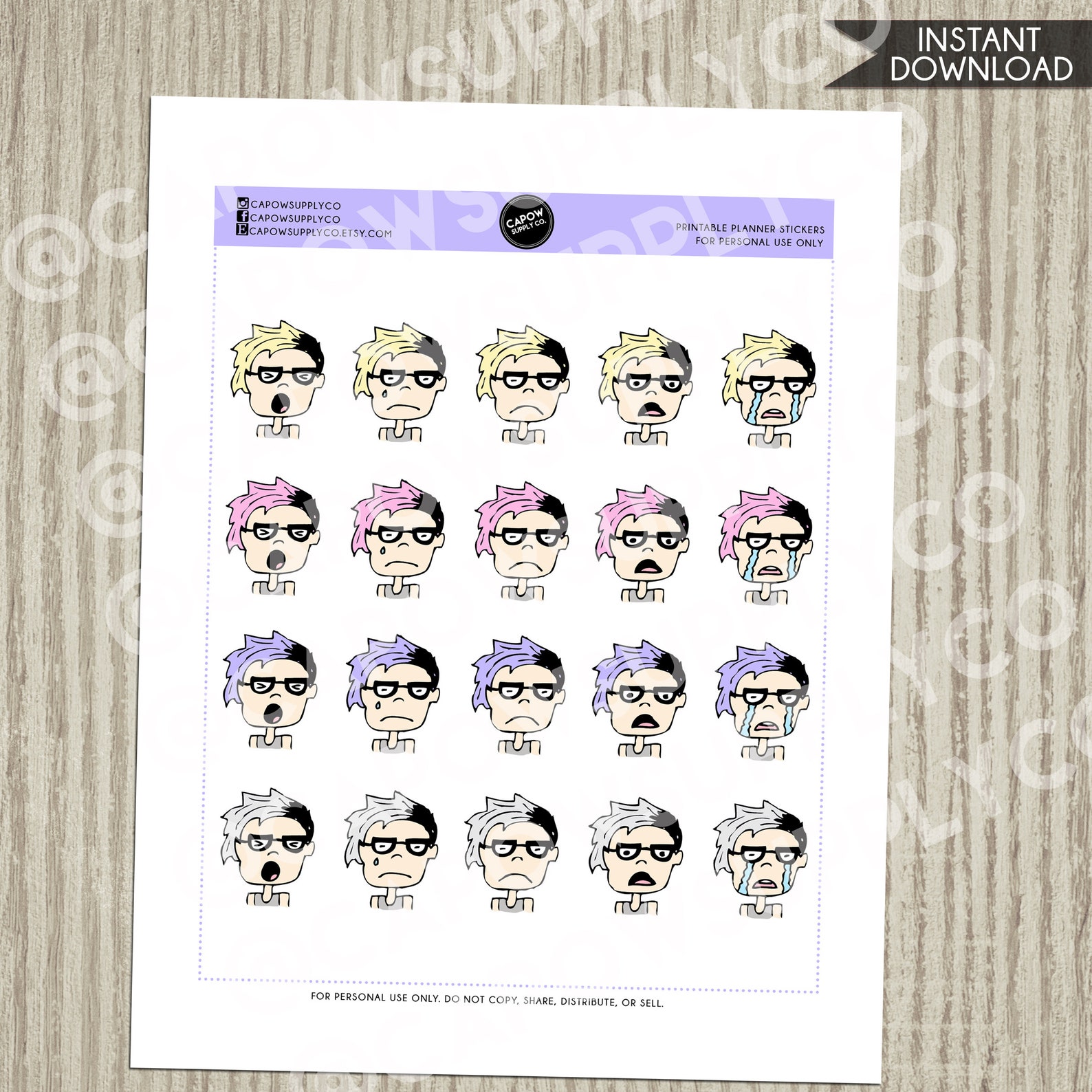 Printable Planner Stickers Decorative Set Upset Angry Sad Crying ...