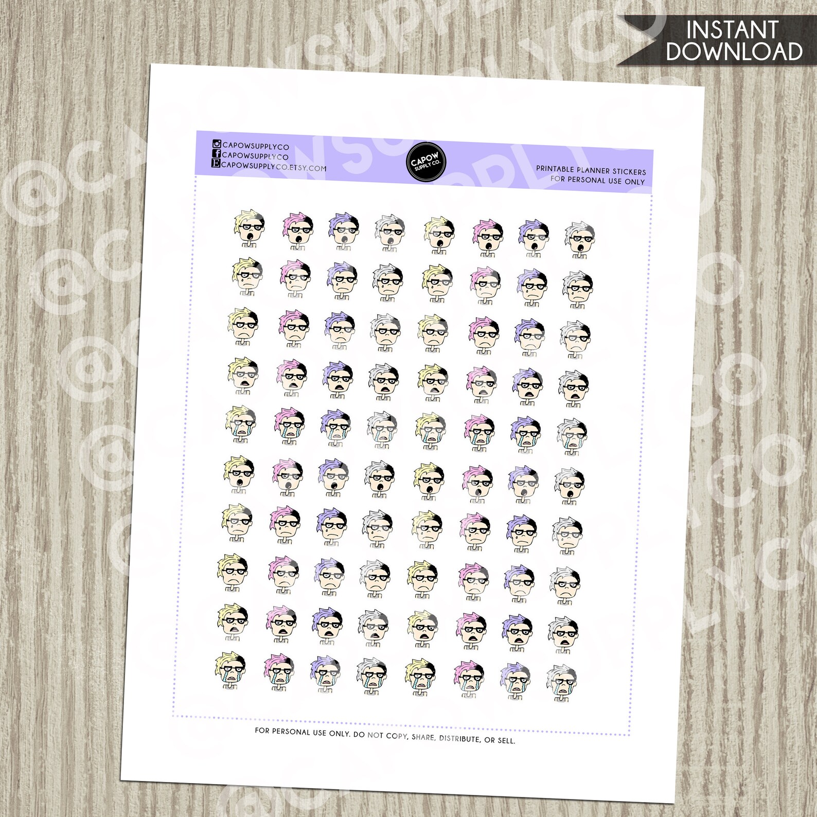 Printable Planner Stickers Decorative Set Upset Angry Sad Crying ...