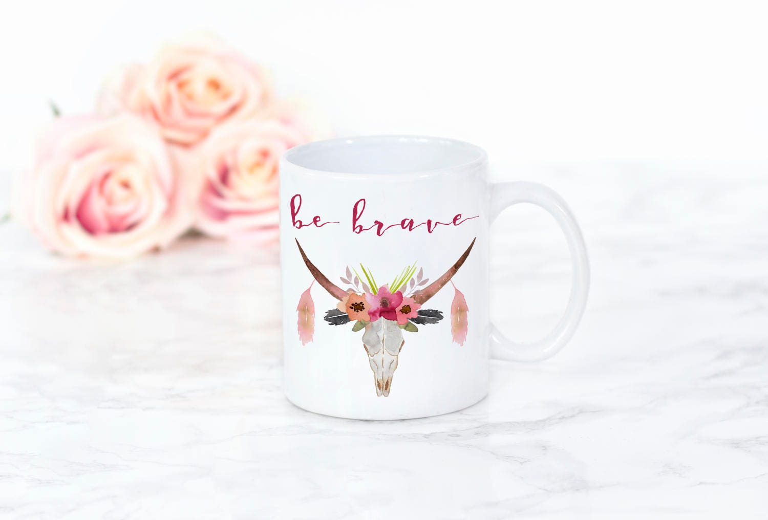 Coffee Mug Be Brave Mug Floral Bull Skull Coffee Mug Ceramic Mug Boho ...