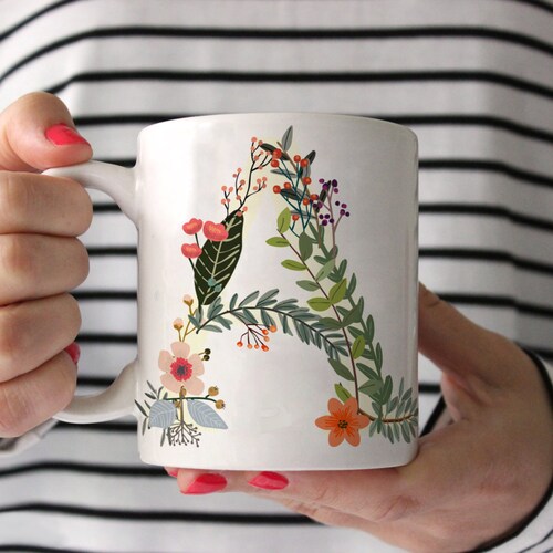 Personalized Initial Mug Floral Letter Name Mug Watercolor - Etsy