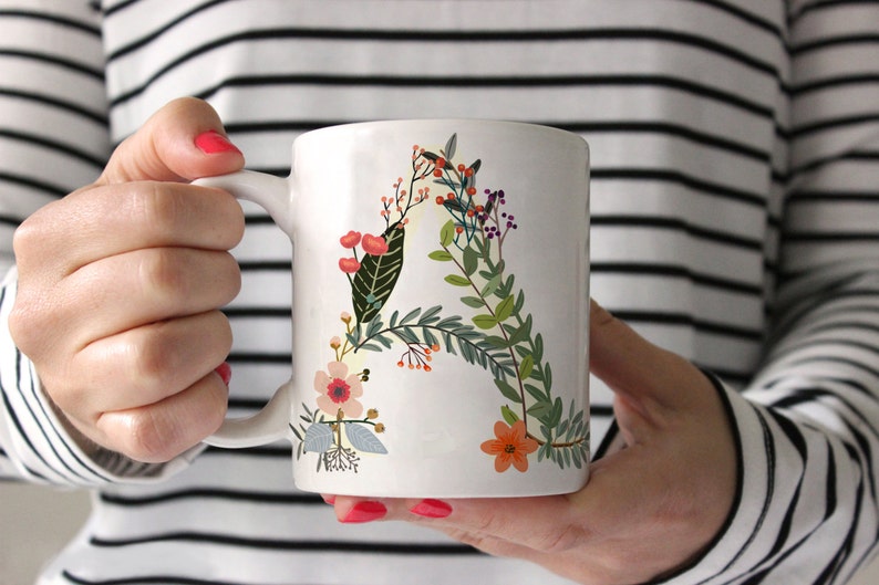 Monogram Coffee Mug - Letter Coffee Mug - Floral Letter Mug ...