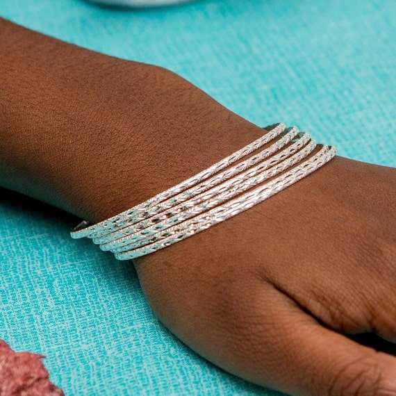 2mm Ultra Thin West Indian Bangle Jingle Style With Diamond Pattern Handmade .925 Sterling Silver SOLD INDIVIDUALLY Etsy