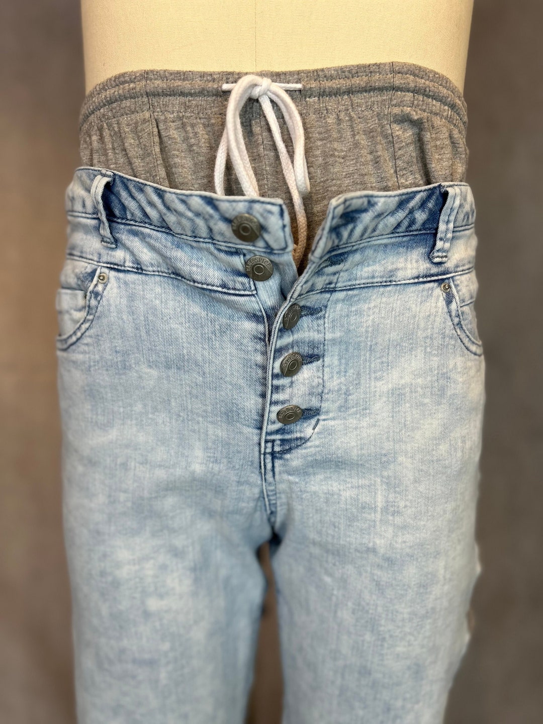 Faux Layered Mashup of Old School Grey Sweat Pants and Faded Button Fly ...