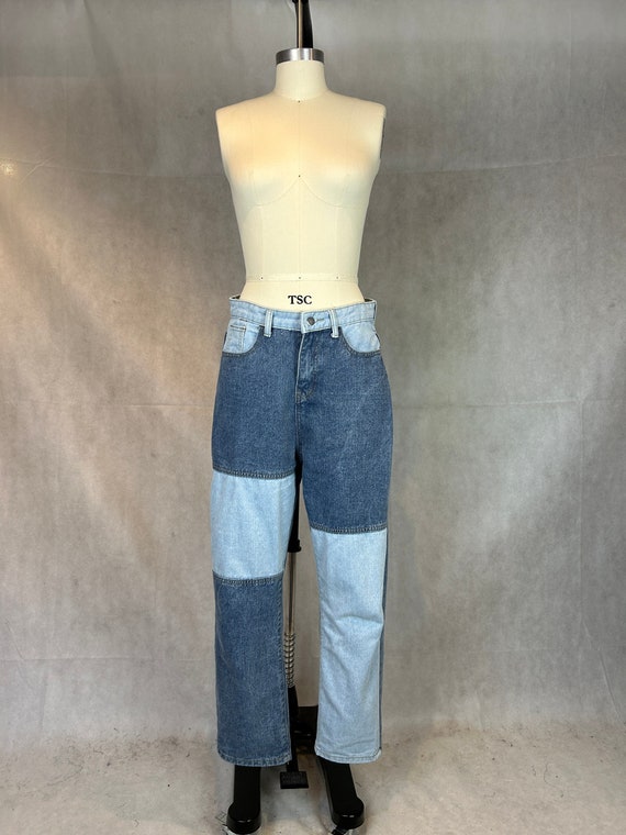 Vintage Patch Work Light Wash & Dark Wash Denim Jeans in Vintage Patch Work Light Wash & Dark Wash Denim Jeans in