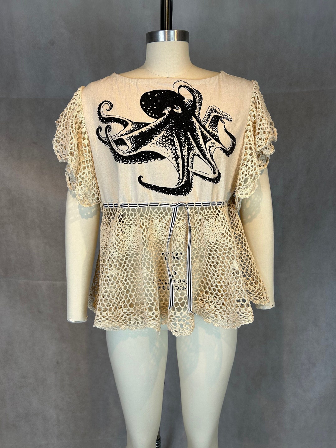 Repurposed Mashup of Octopus Tea Towel and Vintage Crocheted Lace ...