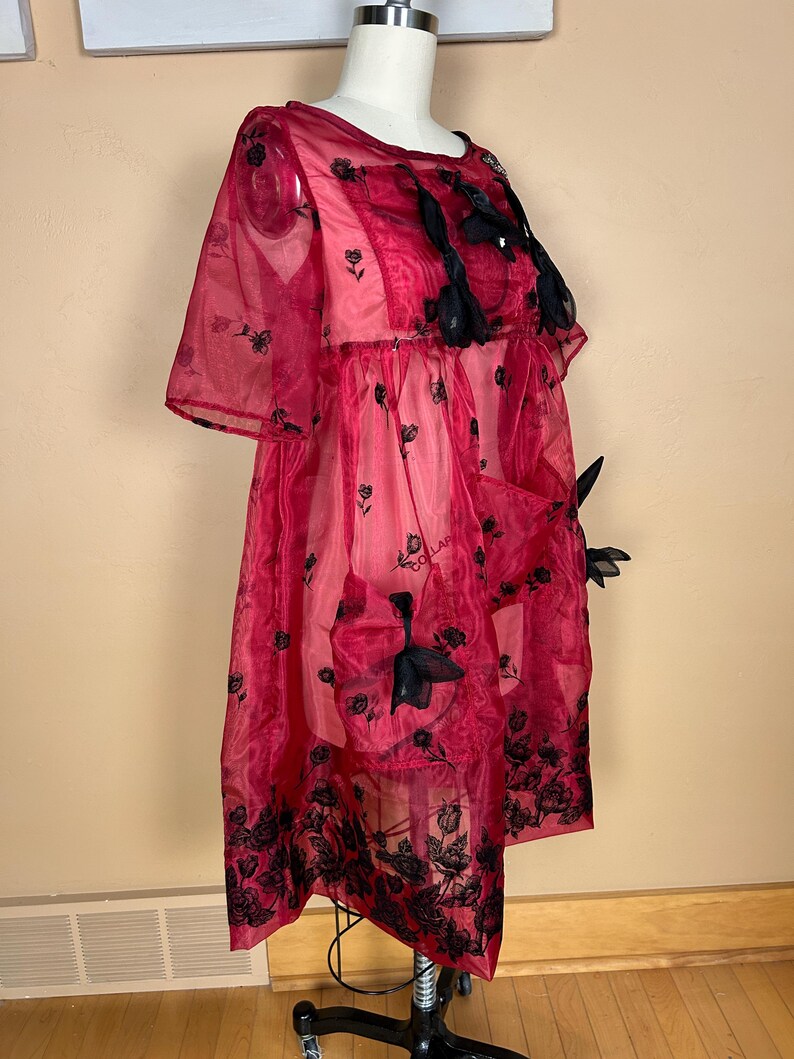 On Trend Dress Made With 1950s Sheer Red Fabric Flocked Black Floral ...