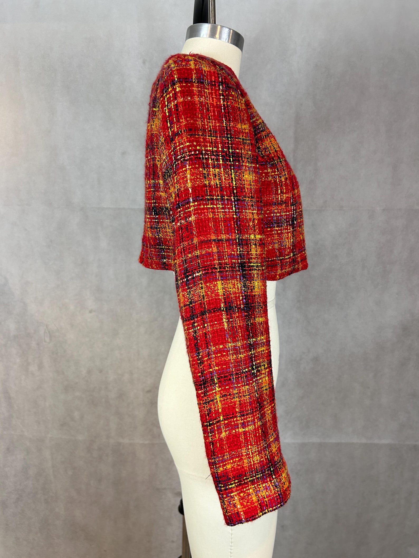 Upcycled Vintage Rainbow Red Tweed Boucle Cropped Jacket With Strong ...