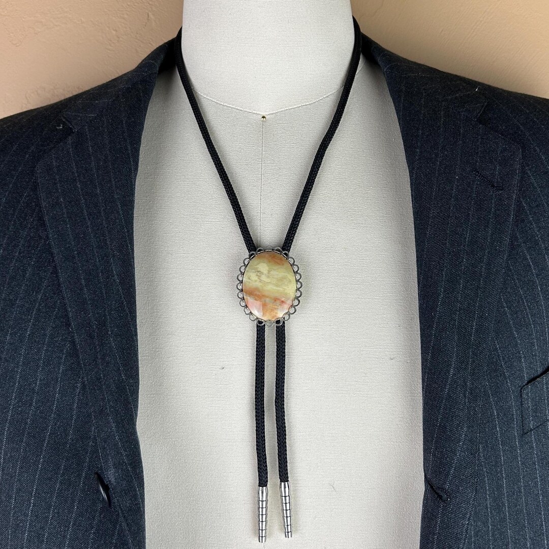 Vintage Black & Silver Bolo Tie With Large White and Ochre Polished ...