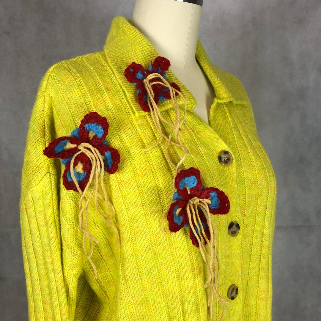Upcycled Chartreuse Cardigan Embellished With Vintage Granny Square ...