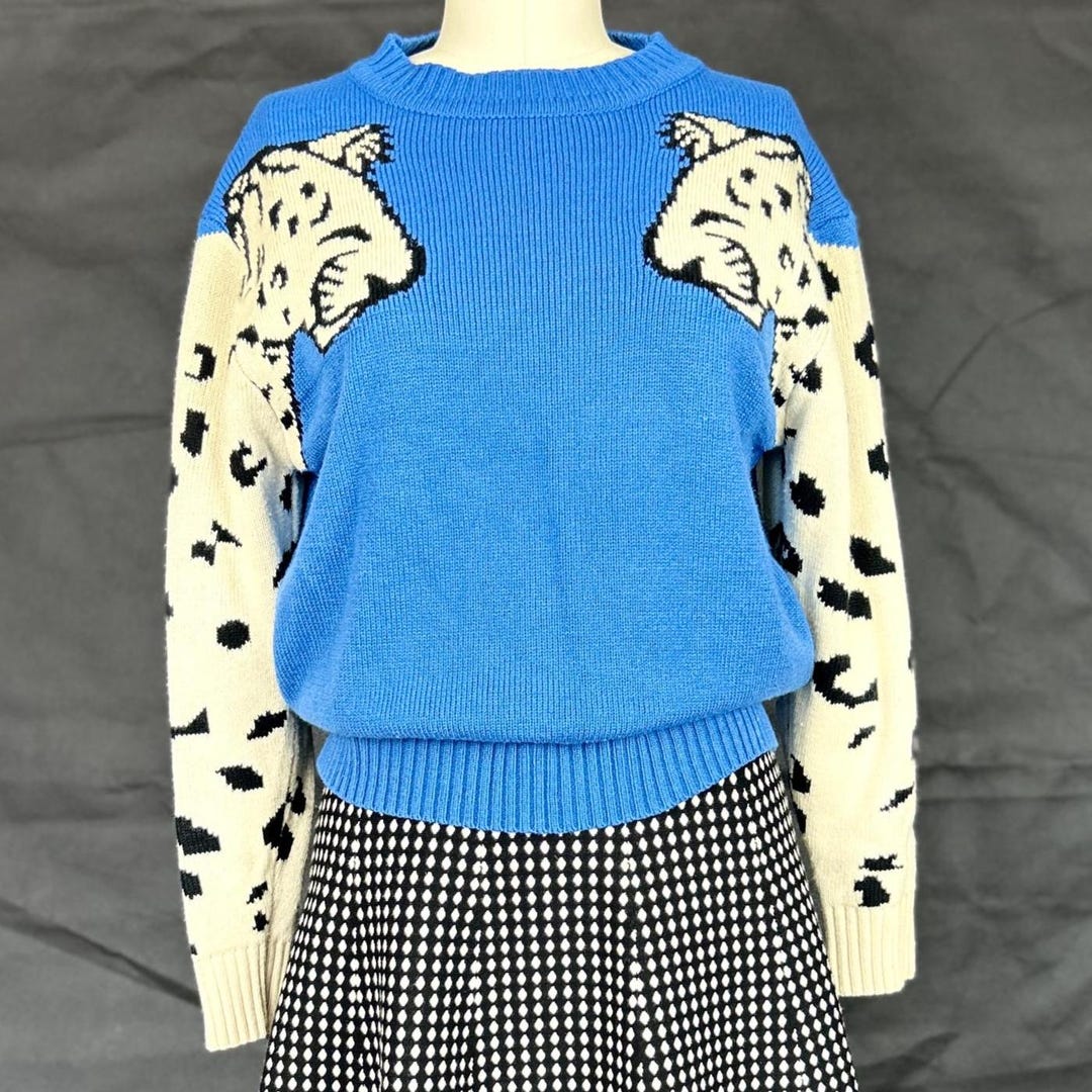 Vintage Designer Inspired Snow Leopard Sleeve Crew Neck Sweater - Women ...