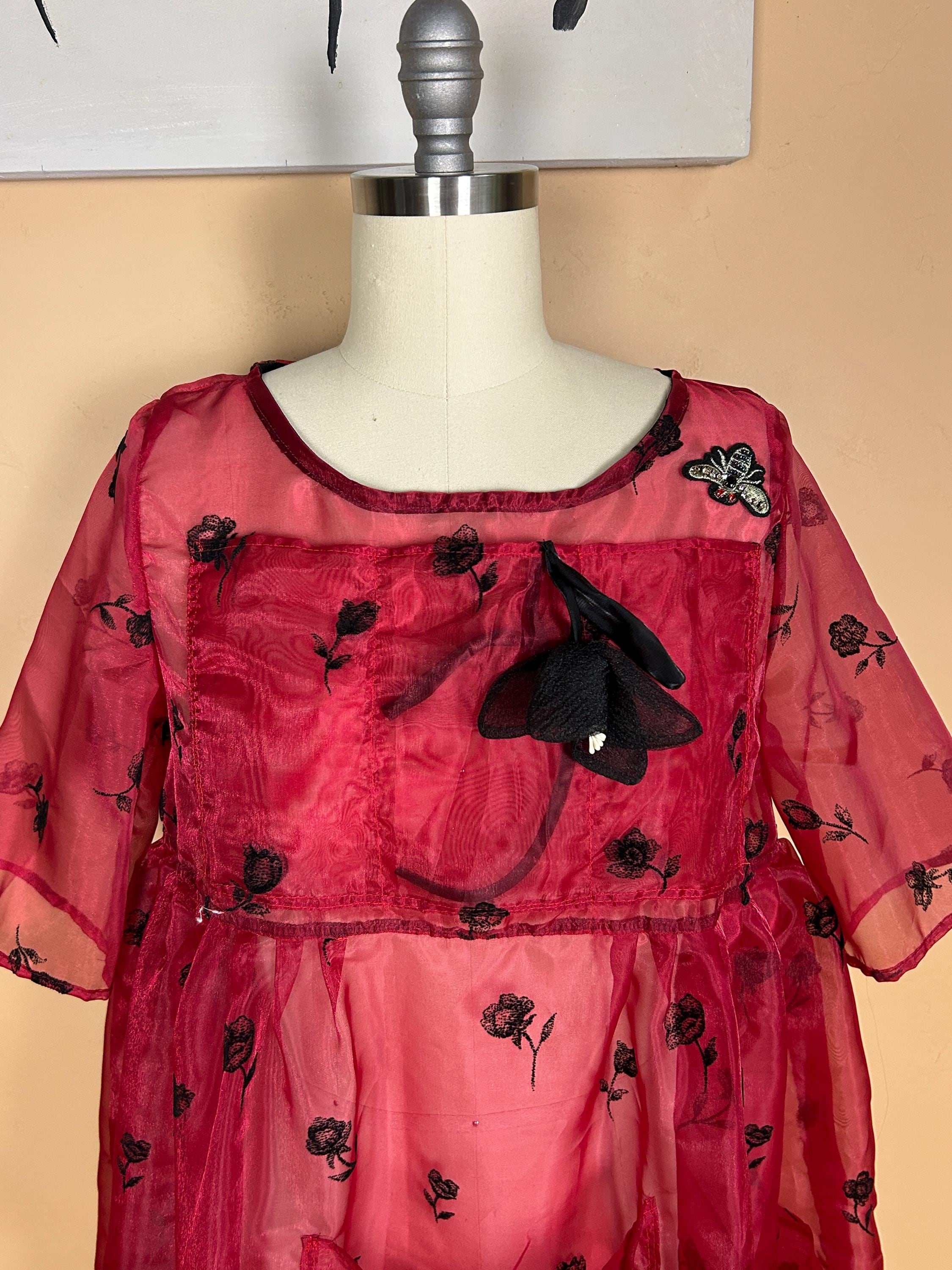 On Trend Dress Made With 1950s Sheer Red Fabric Flocked Black Floral ...