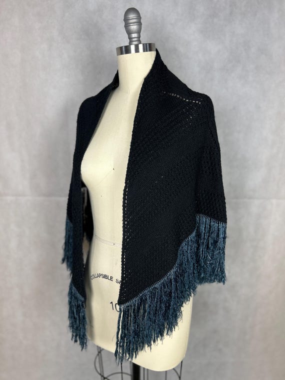 Antique Hand Knit 1890s Victorian Black Wool Shawl Wi… - Gem