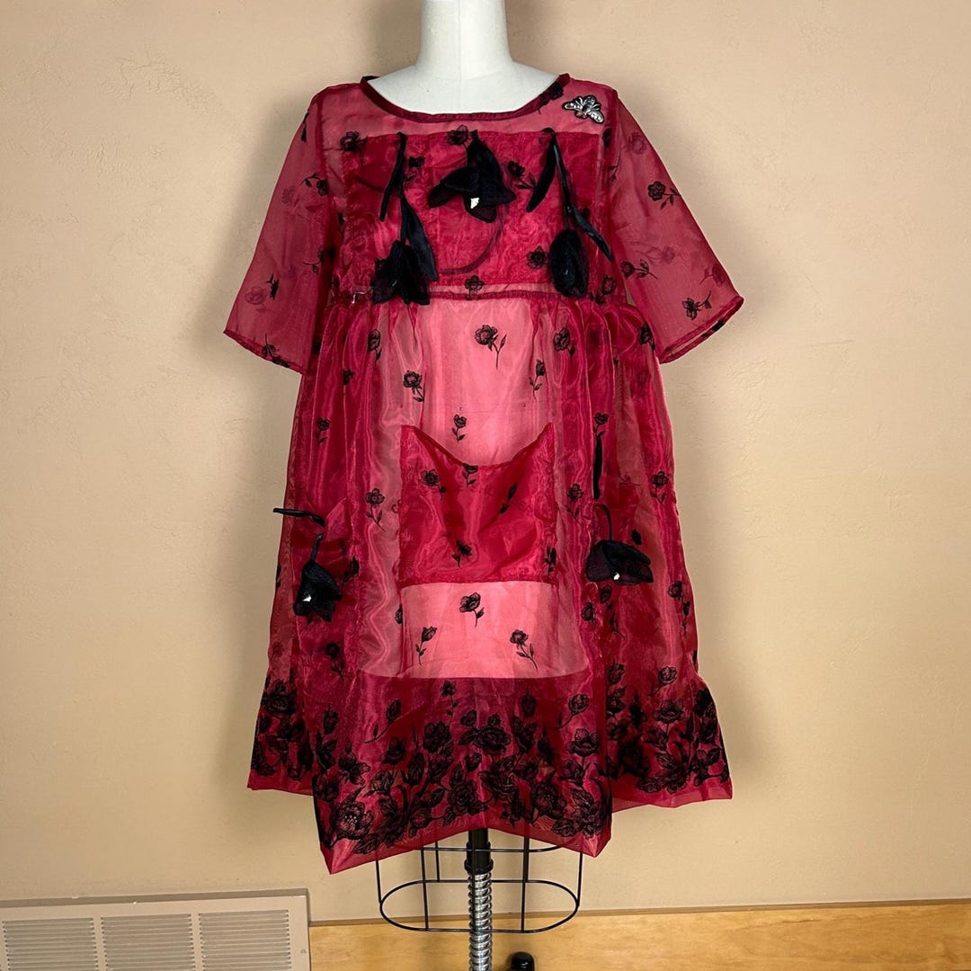 On Trend Dress Made With 1950s Sheer Red Fabric Flocked Black Floral ...