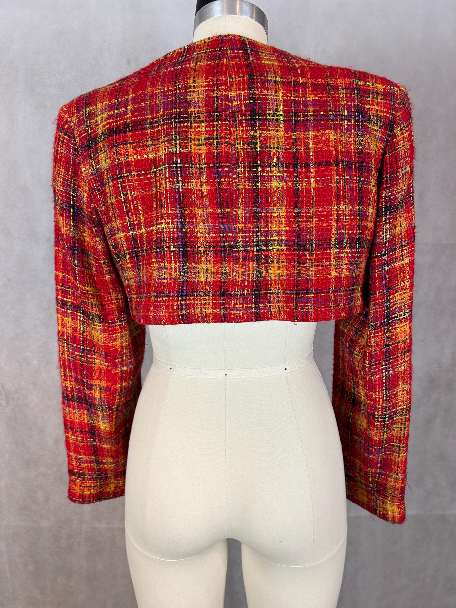 Upcycled Vintage Rainbow Red Tweed Boucle Cropped Jacket With Strong ...