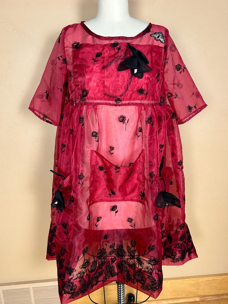 On Trend Dress Made With 1950s Sheer Red Fabric Flocked Black Floral ...