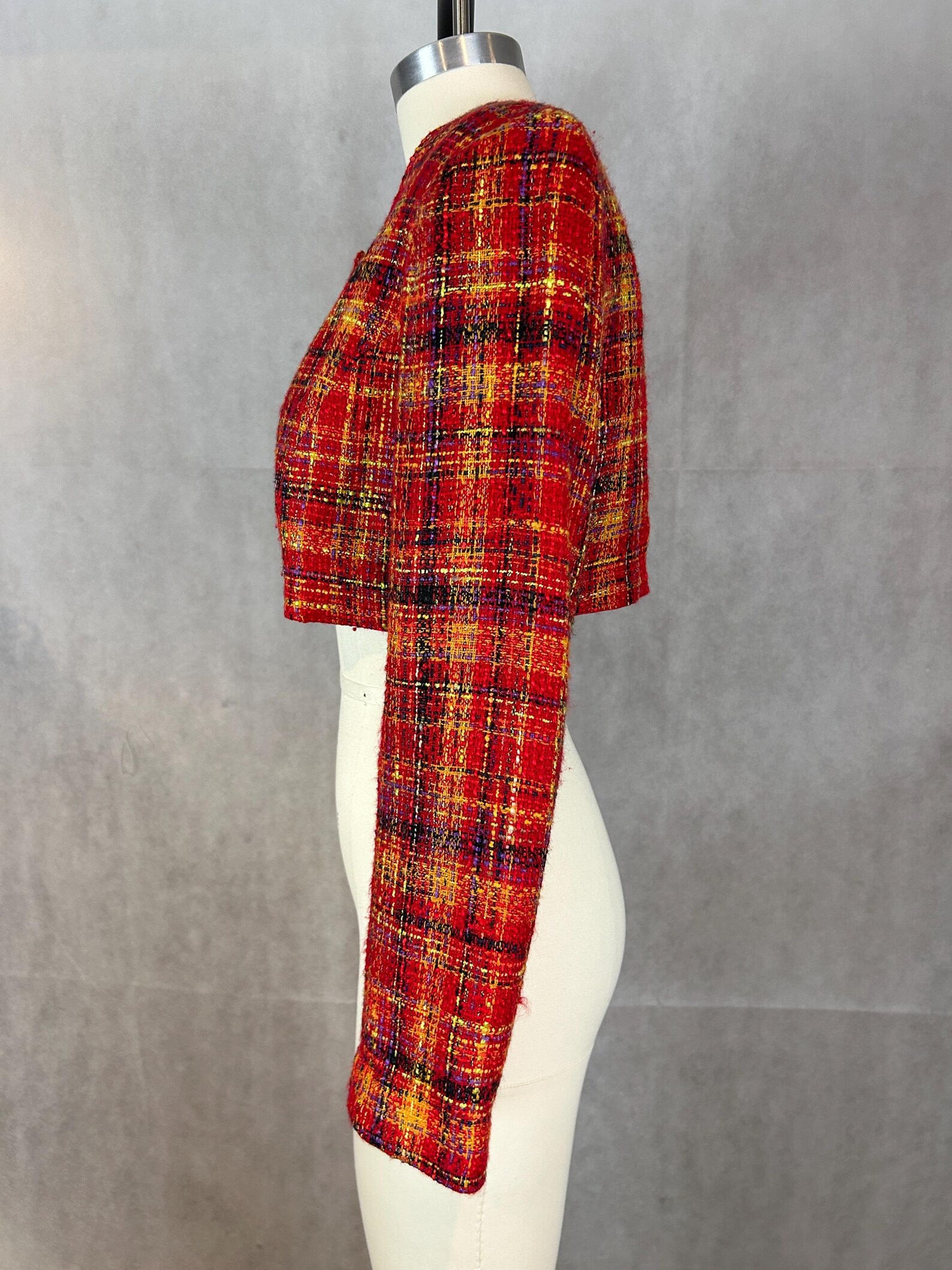 Upcycled Vintage Rainbow Red Tweed Boucle Cropped Jacket With Strong ...