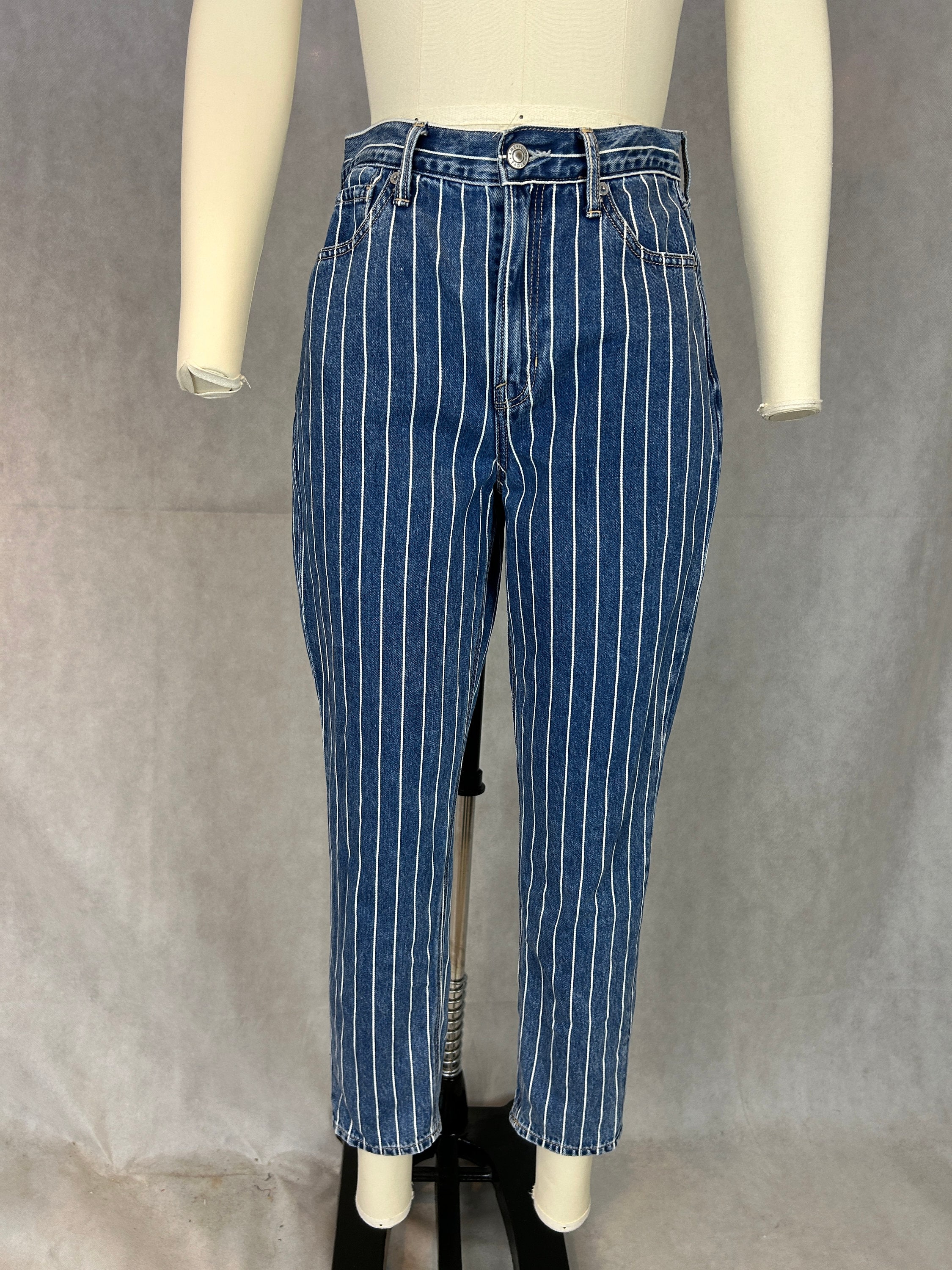 Vintage 1990s Retro 80s Mom Jeans - Denim Blue With White Pin Stripes ...
