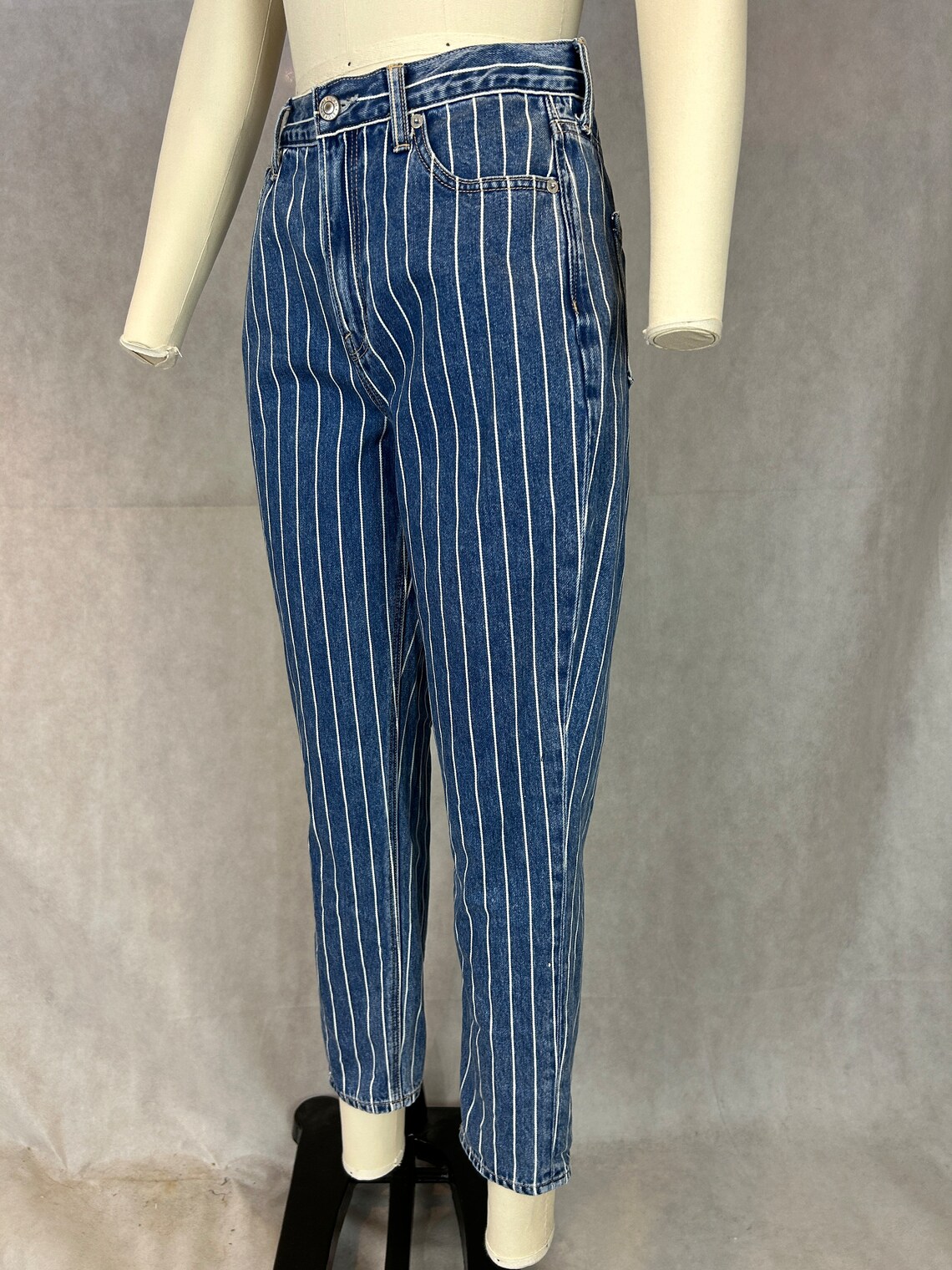 Vintage 1990s Retro 80s Mom Jeans - Denim Blue With White Pin Stripes ...
