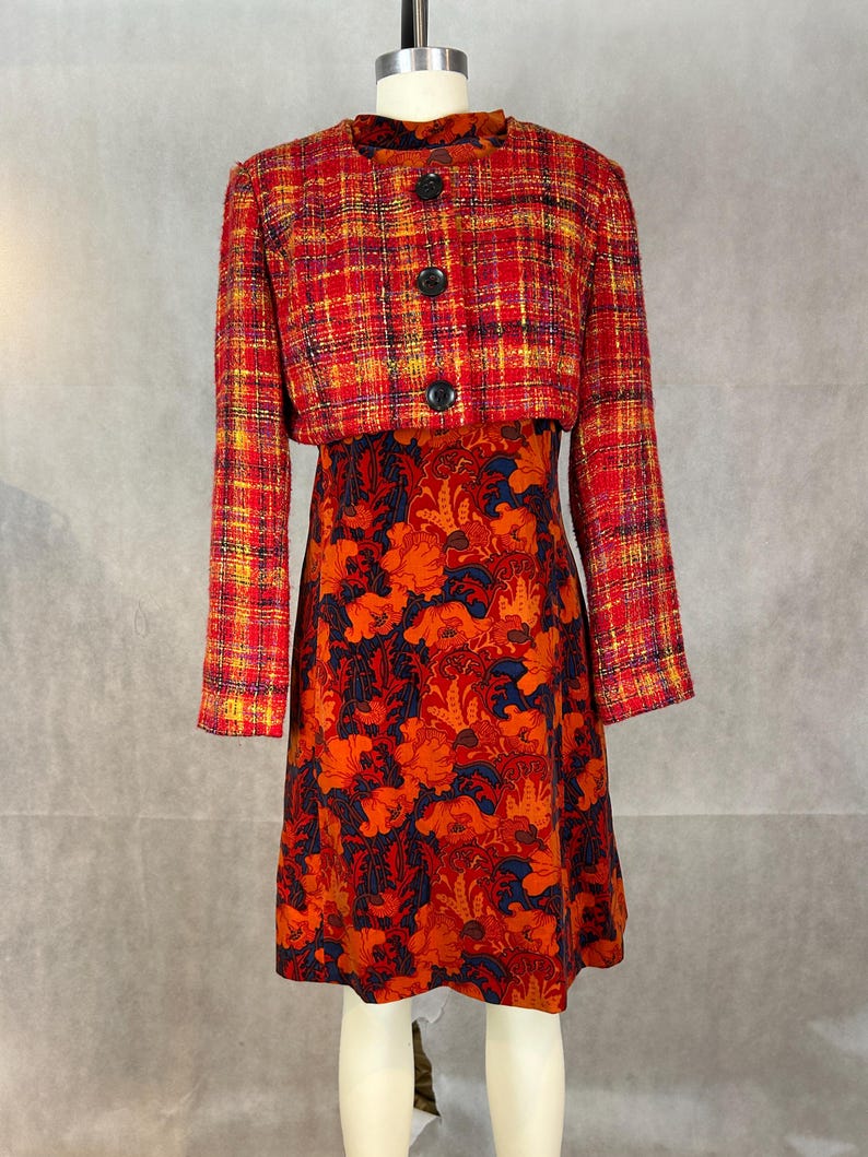 Upcycled Vintage Rainbow Red Tweed Boucle Cropped Jacket With Strong ...