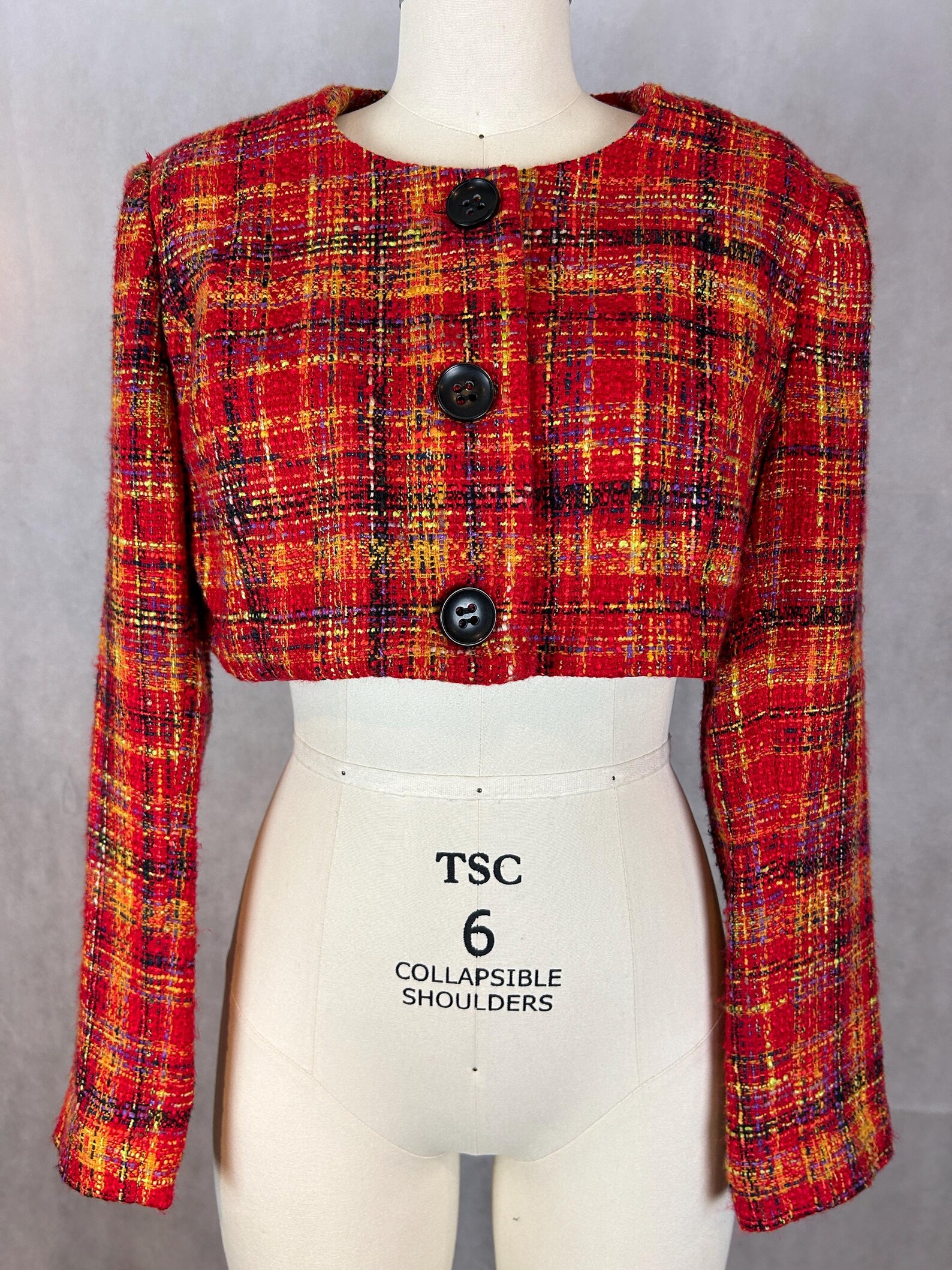 Upcycled Vintage Rainbow Red Tweed Boucle Cropped Jacket With Strong ...