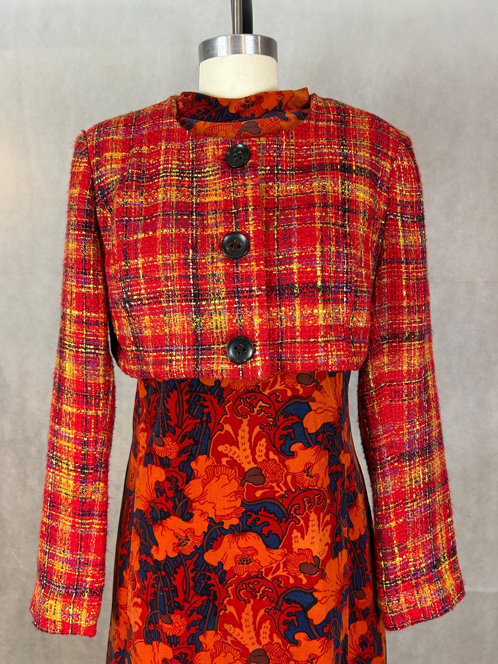 Upcycled Vintage Rainbow Red Tweed Boucle Cropped Jacket With Strong ...