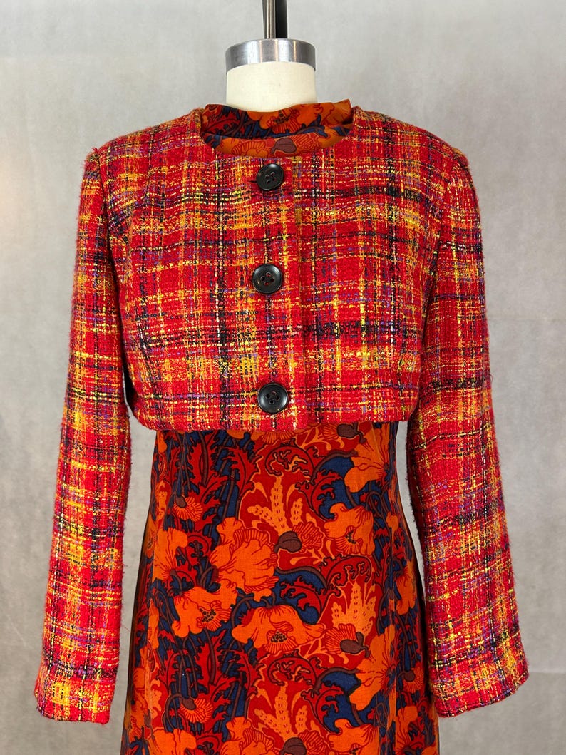 Upcycled Vintage Rainbow Red Tweed Boucle Cropped Jacket With Strong ...