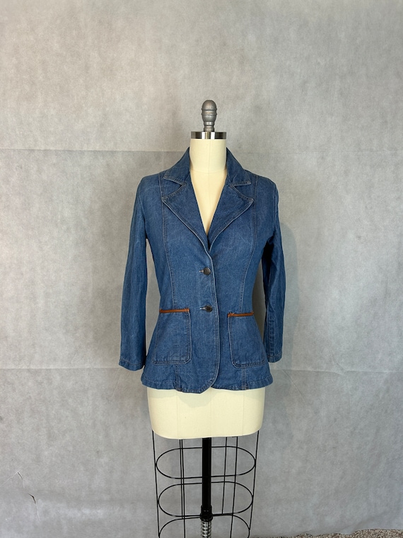 Vintage 1970s Sears Mod Fitted Denim Blazer With Brow… - Gem
