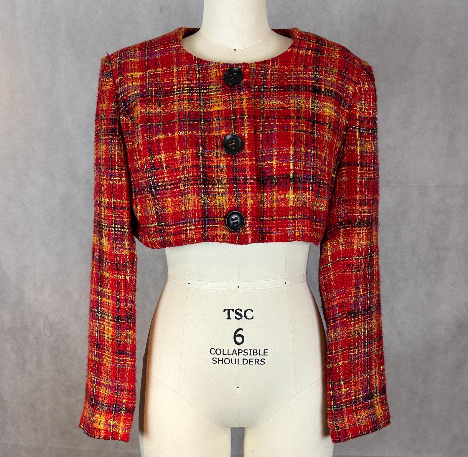 Upcycled Vintage Rainbow Red Tweed Boucle Cropped Jacket With Strong ...