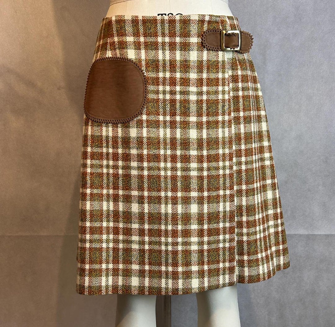 Vintage 1970s Super Cool Earth Tone Plaid Wrap Around Skirt With Suede ...