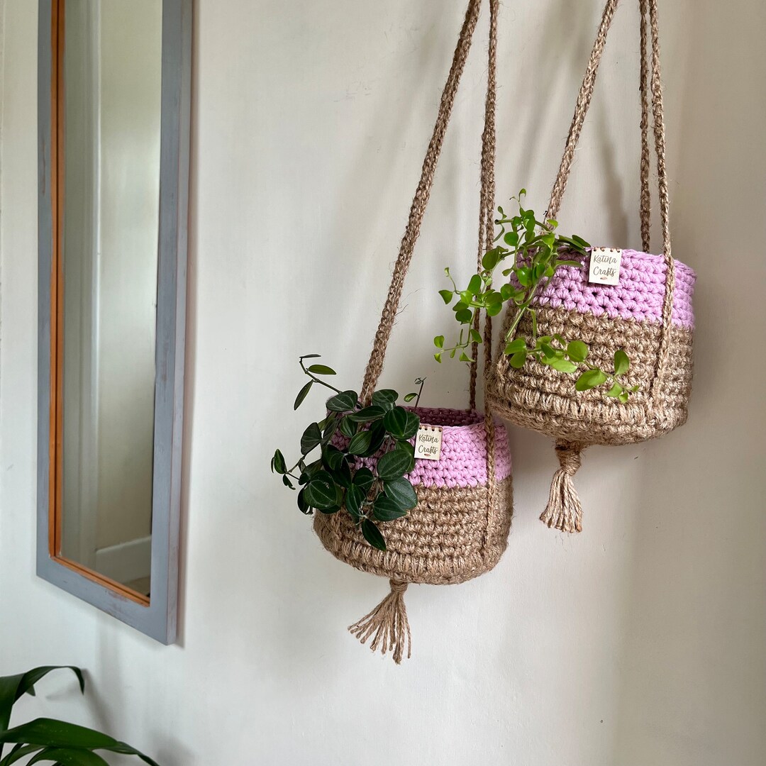 Set of 2 Crochet Twine and Pink Cotton Hanging Houseplant Basket - Etsy