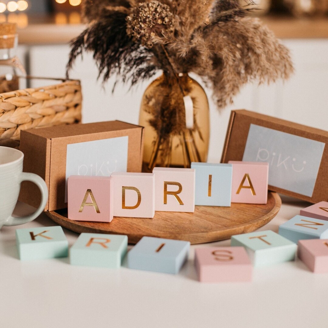 Personalized Name Blocks: Golden Foil Letters, Montessori Wooden Toys ...