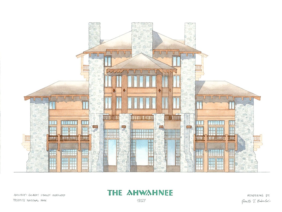 The Ahwahnee Hotel, Wall Art, South Solarium Elevation Painting, Hand ...