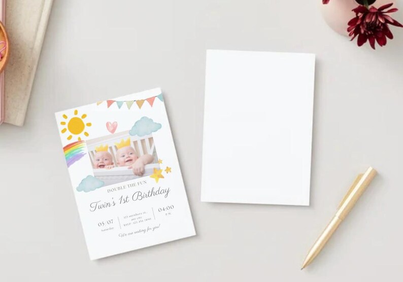 Editable Twin Birthday Invitation--double the Fun--1st Birthday ...