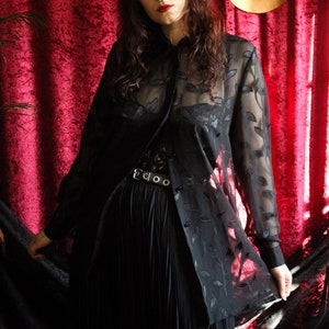 Vintage Black Transparent Blouse M/L, Shiny Satin Floral Pattern Long Blouse, See-through Summer ...