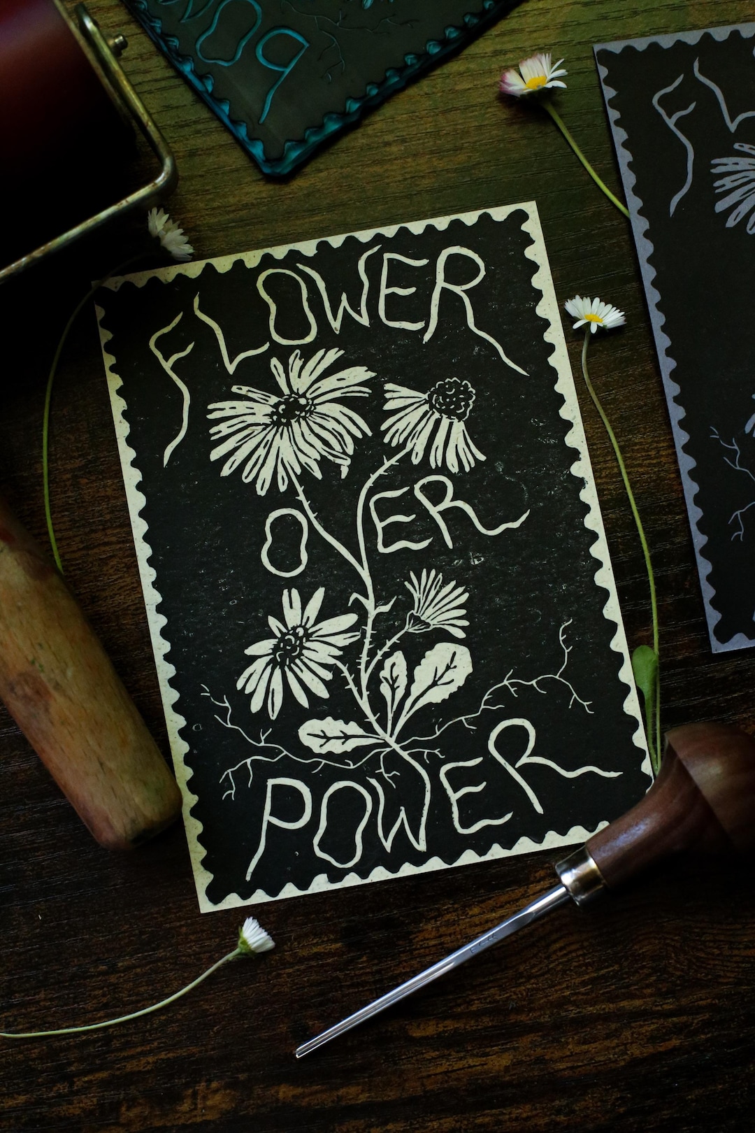 Handmade Relief Print Daisy Flowers, Original Artwork Flower Over Power ...