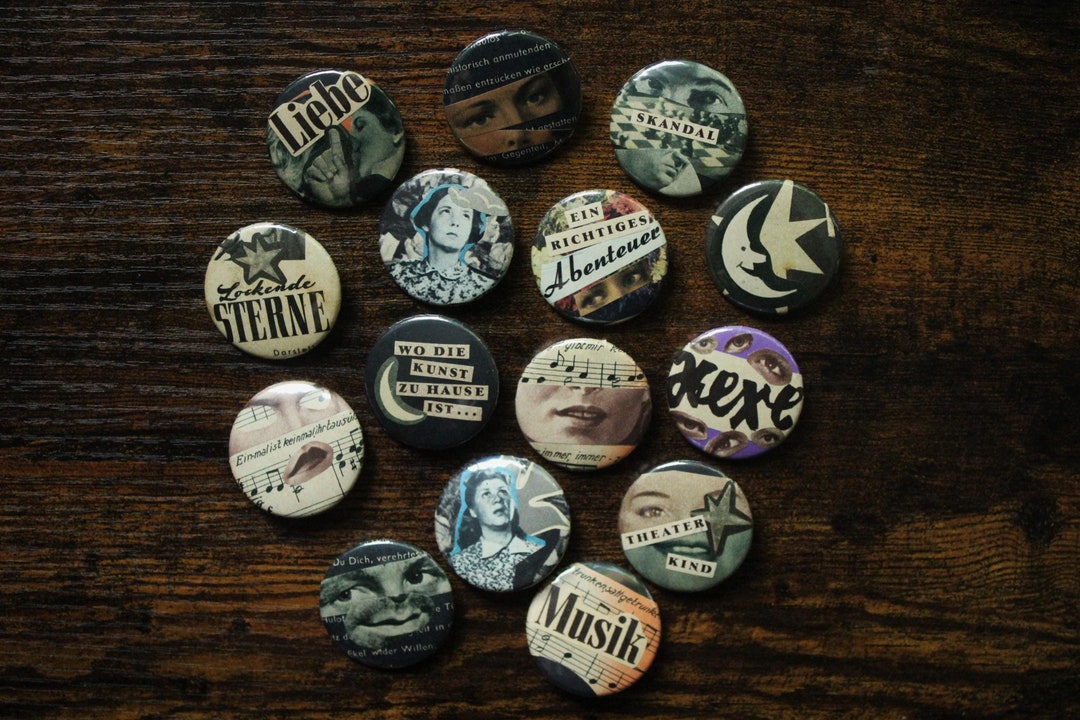 Handmade Vintage Collage Art Buttons 38mm, Analogue Paper Collage Pins ...