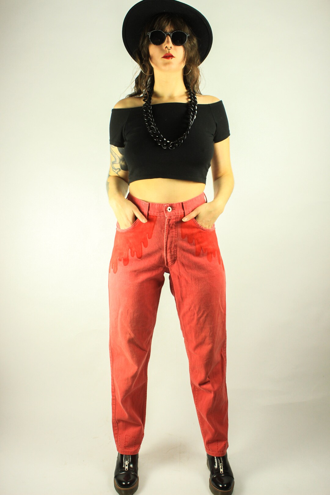 UPCYCLED VINTAGE Mustang Red Denim Pants, Handpainted Mom Jeans ...