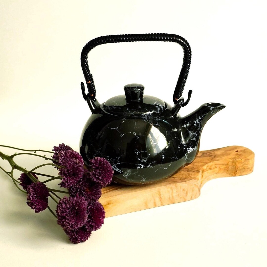 Vintage Black Teapot Marble Effect, Small Tea Can With Handle, Dark ...