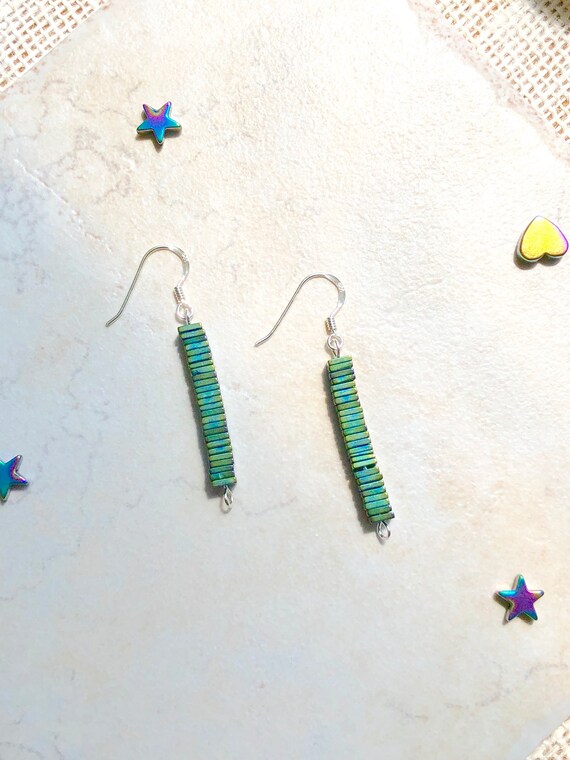 Green Hematite Earrings Sterling Silver Bar Earrings Dangle Etsy