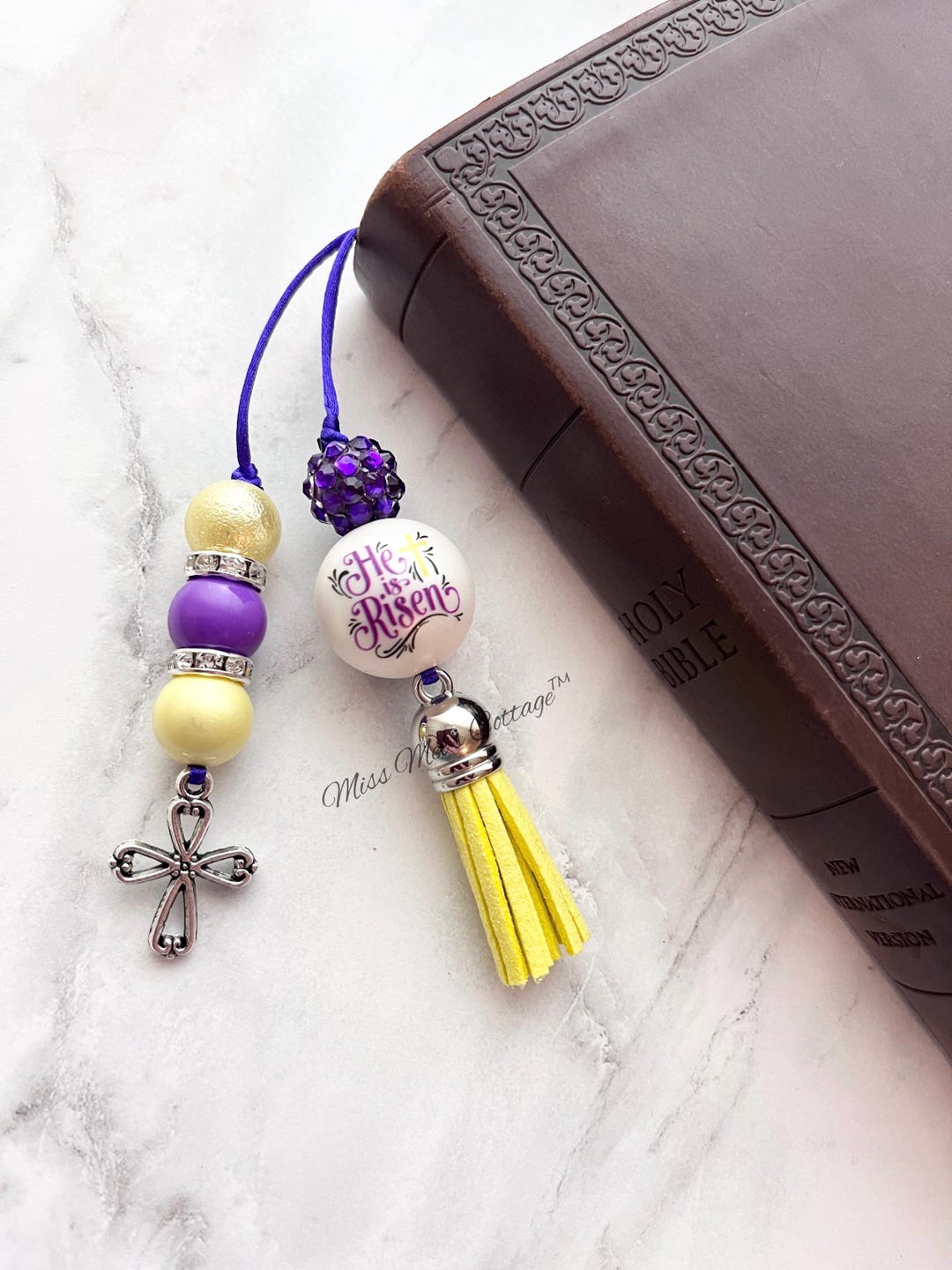 He is Risen Bookmark, Beaded, Chunky Beads, Book Charm, Jesus, Cross ...