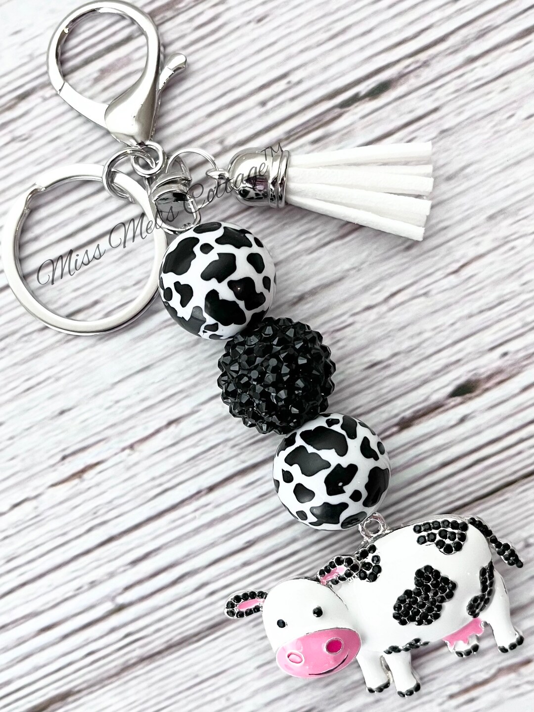 Cow Keychain/charm/beaded/purse/bag/zipper/key Fob/black and White/cow ...