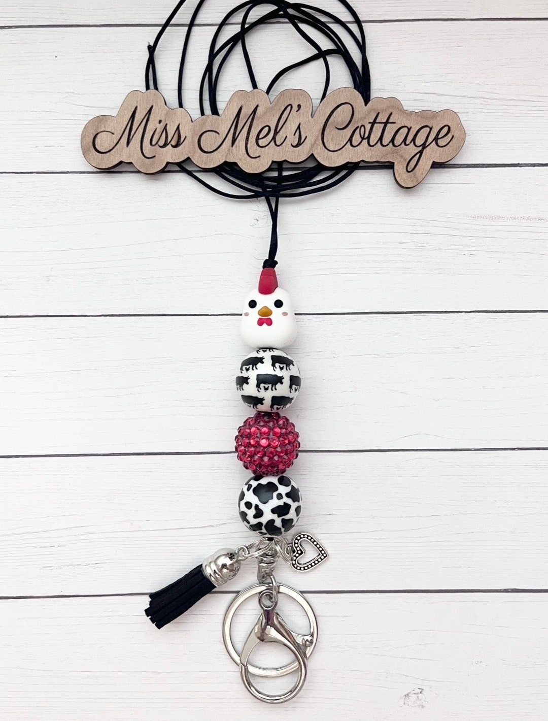 Farm Lanyard/necklace/beaded/badge Holder/cow Print/chicken/farm Print ...