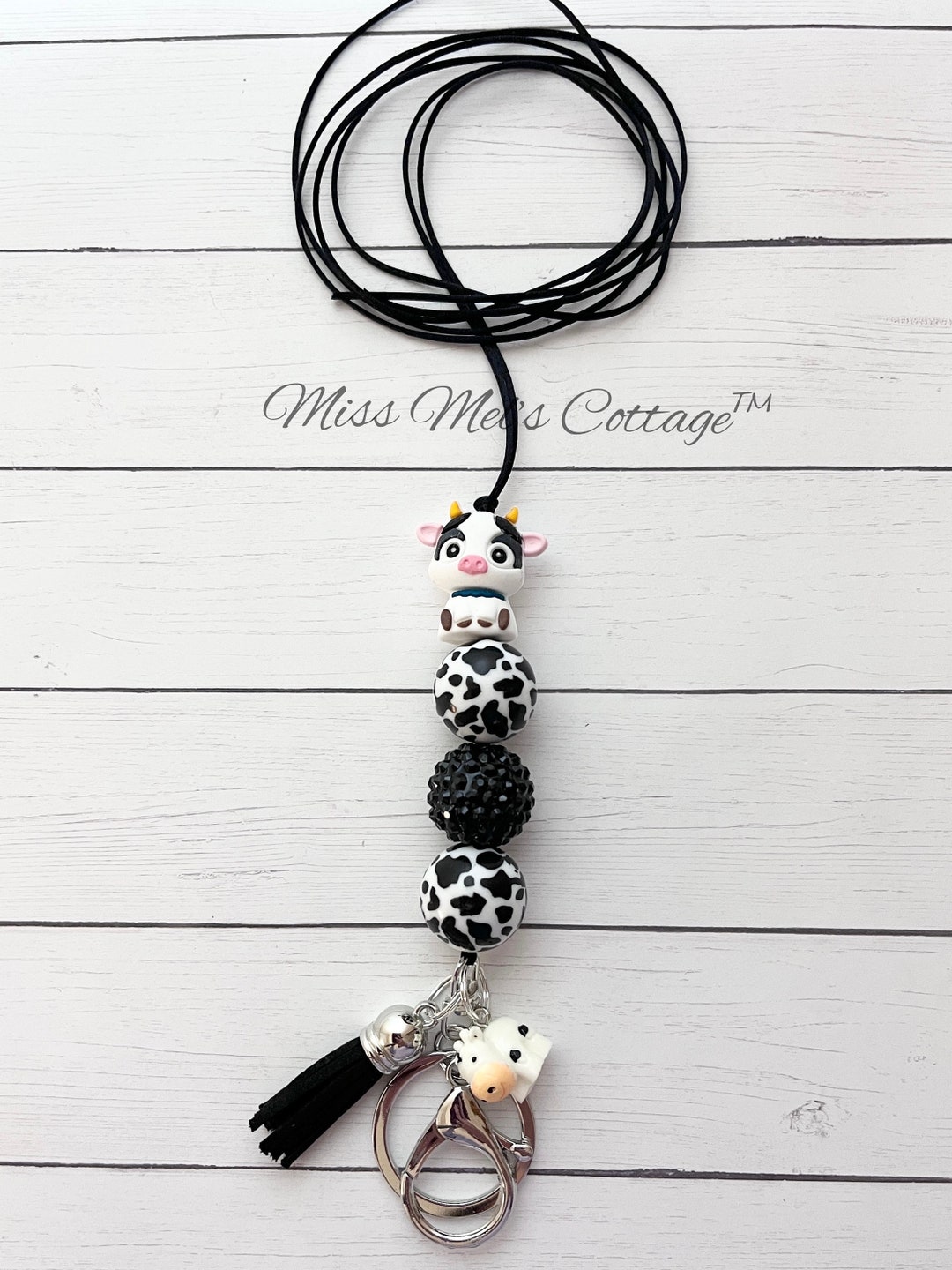 Cow Lanyard/necklace/cow Print/beaded/badge Holder/chunky Beads/black ...