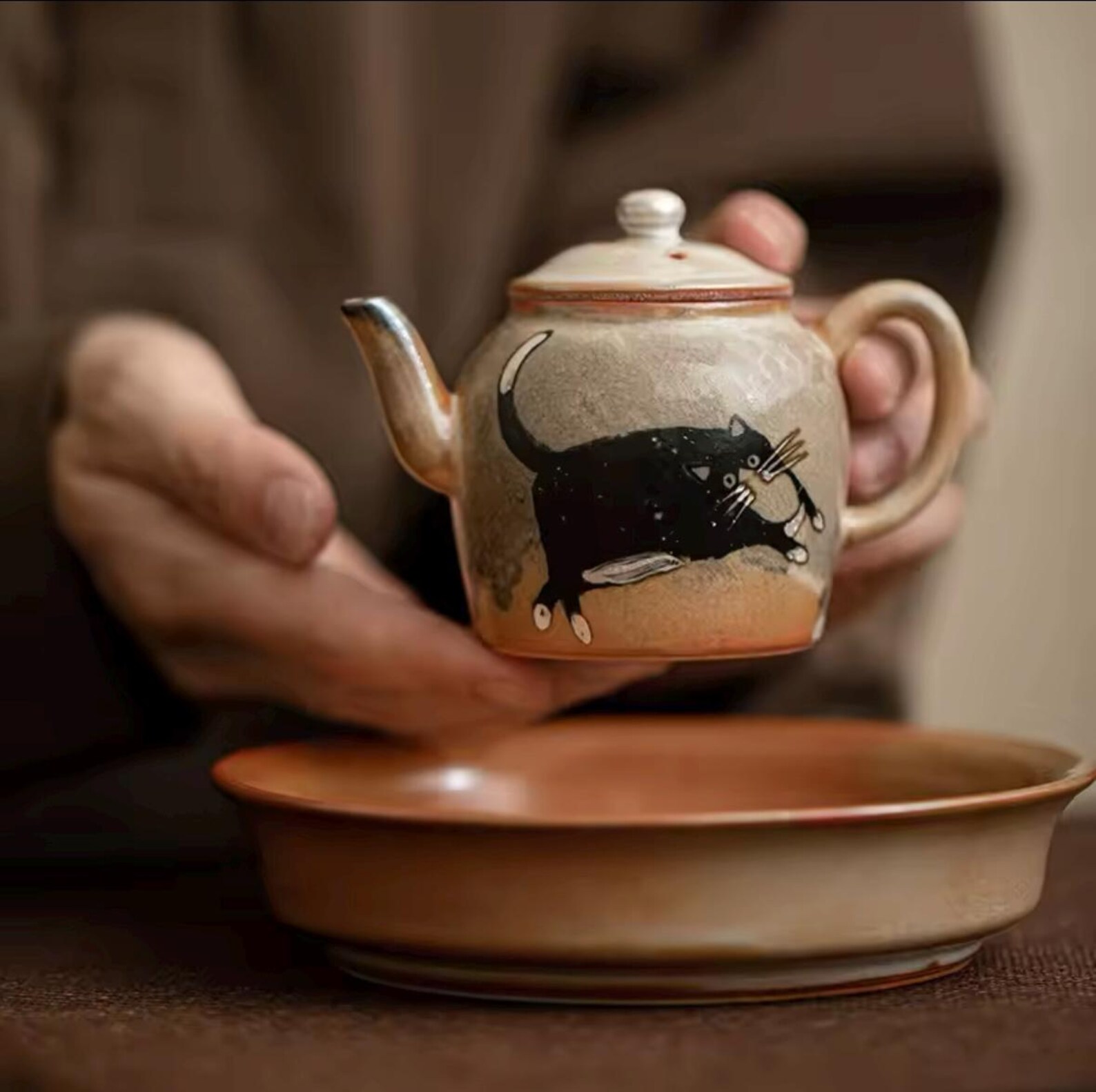 Ceramic Tea Pot/ Cat Tea Pot/ Small Teapot/ Japanese Tea Pot/ Wood ...