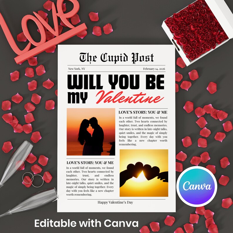 Valentine’s Cupid Post Newspaper Template Bundle | Editable Canva ...