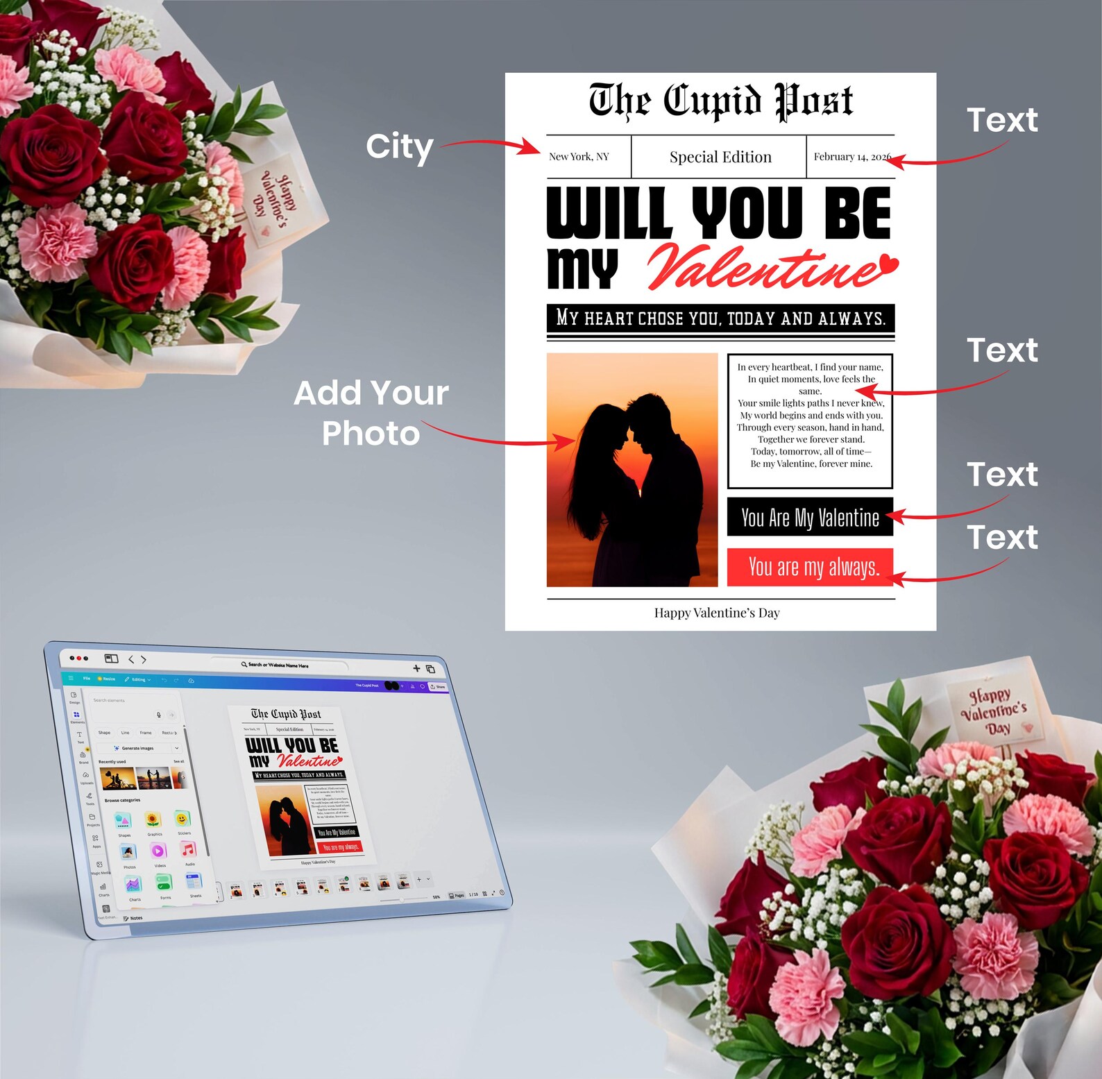 Valentine’s Cupid Post Newspaper Template Bundle | Editable Canva ...