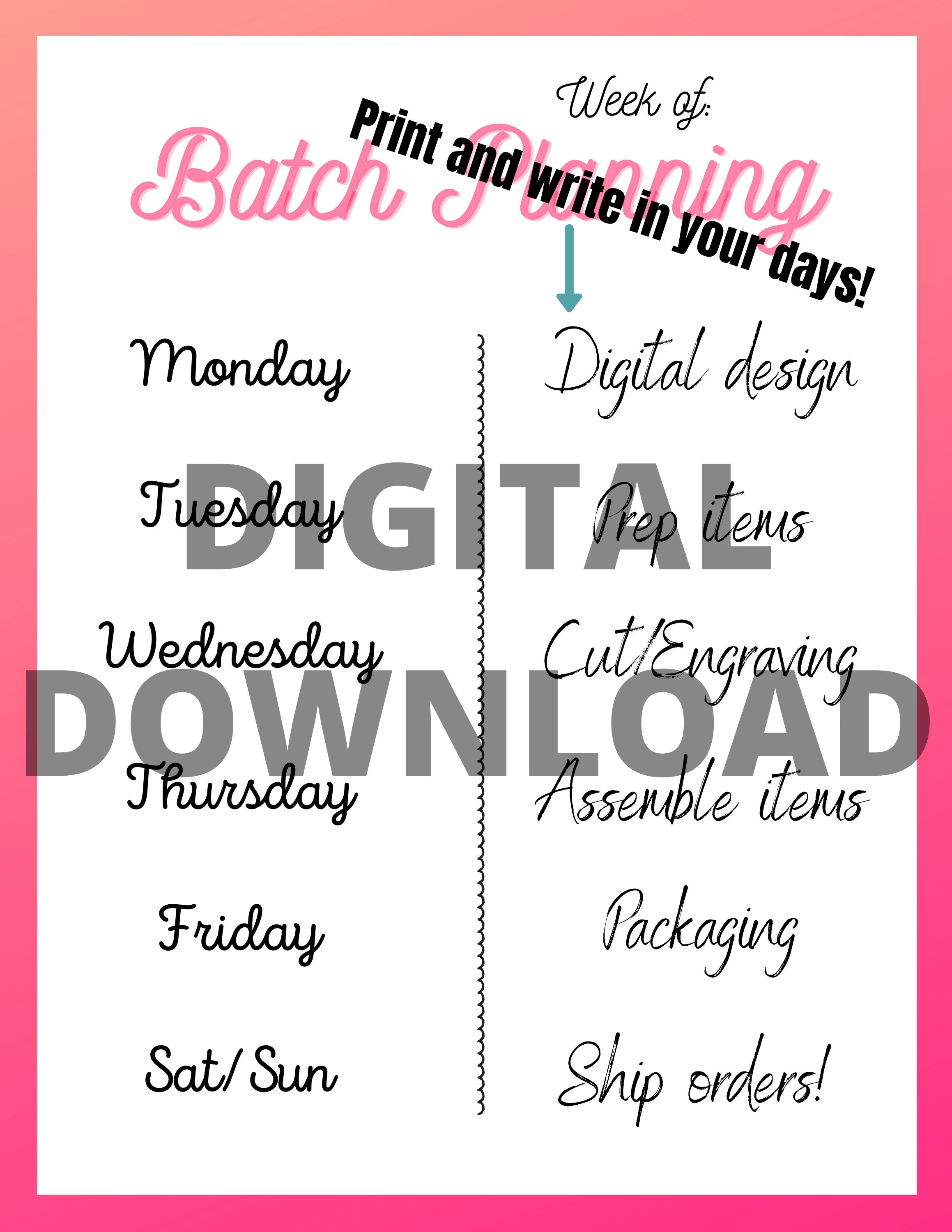 Batch Planning Printable Planner Page PDF Craft Business Week Schedule ...