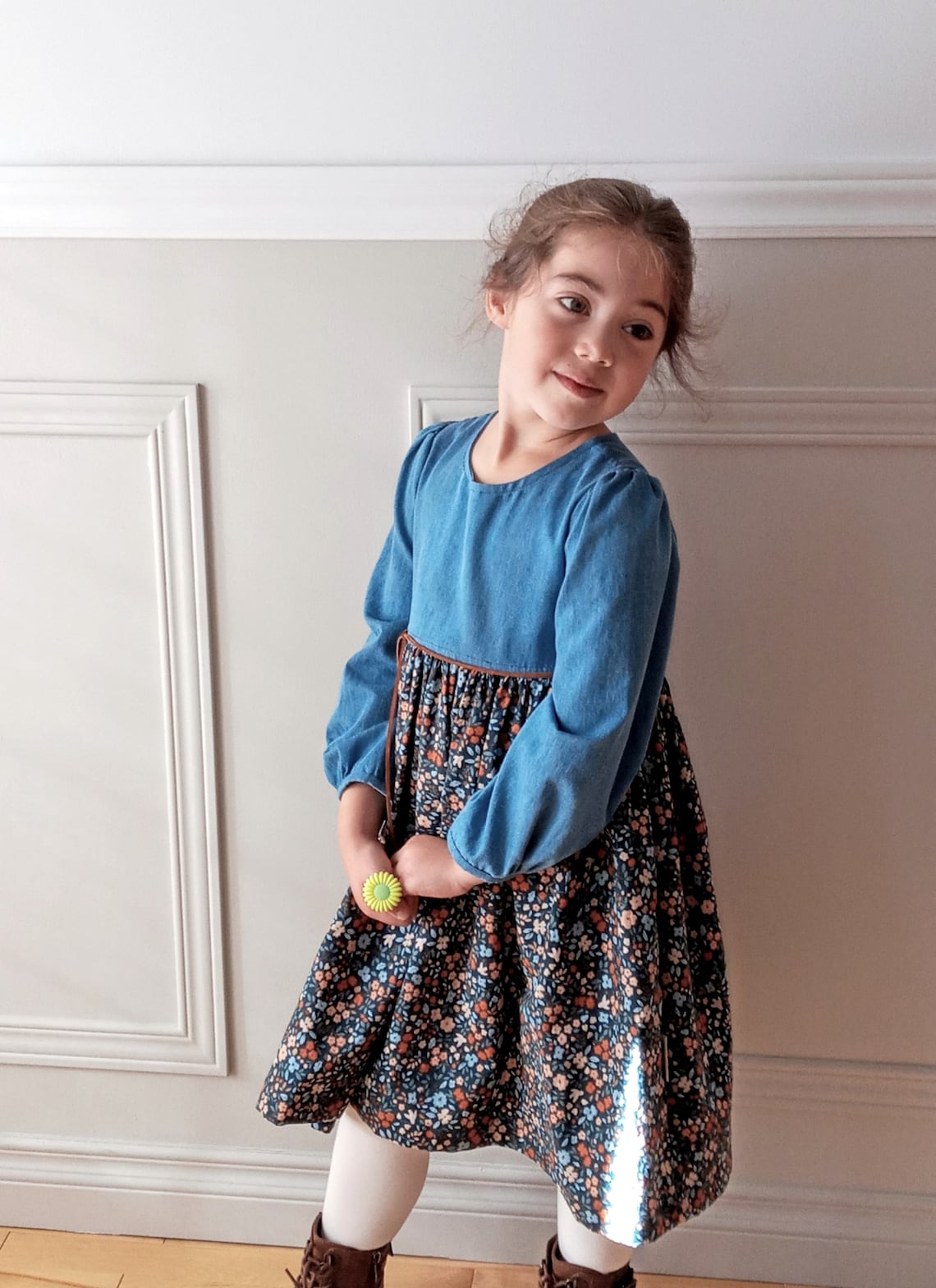 Fall Dress for Little Girls Denim and Flower Long Sleeve - Etsy