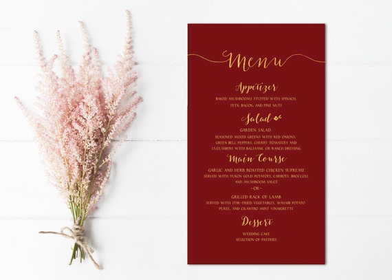 Red And Gold Wedding Menu Isabelle Personalised Guest Menu Pure